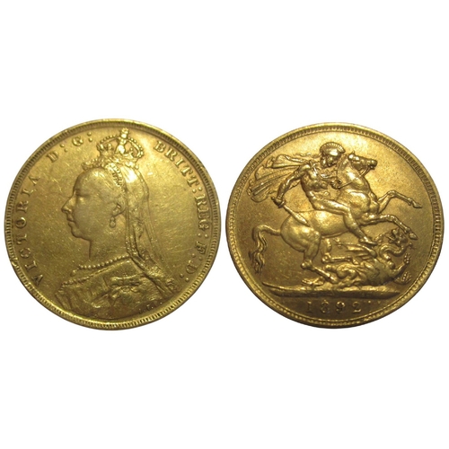 Investment Gold lot - documents required. 1892 sovereign good fine. (Y)