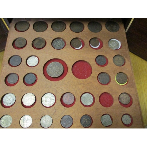 Collection in wooden coin case (H16cm x W29cm x D30cm (key present ...