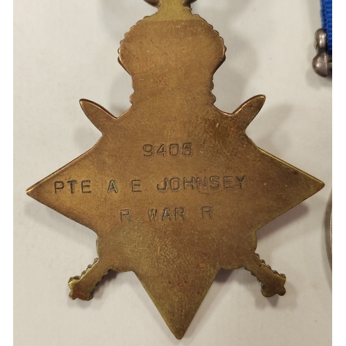 WW1 trio to 9405 Pte. A.E. Johnsey. R. War. R., bar mounted as worn ...