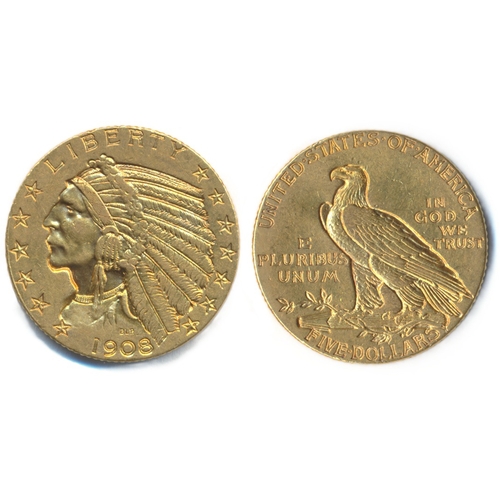 Investment Gold Lot - Documents Required. USA. 1908 $5 very fine. (Y)