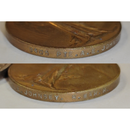 WW1 trio to 9405 Pte. A.E. Johnsey. R. War. R., bar mounted as worn ...
