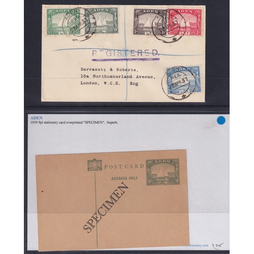 STAMPS Three Aden covers 1937, plus a Specimen postcard from 1939