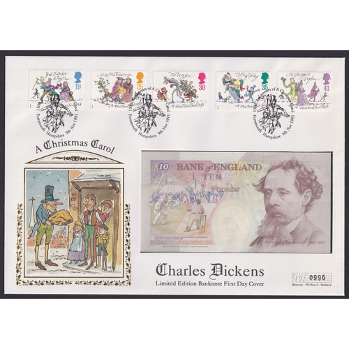 1993 Dickens first day cover with £10 uncirculated bank note