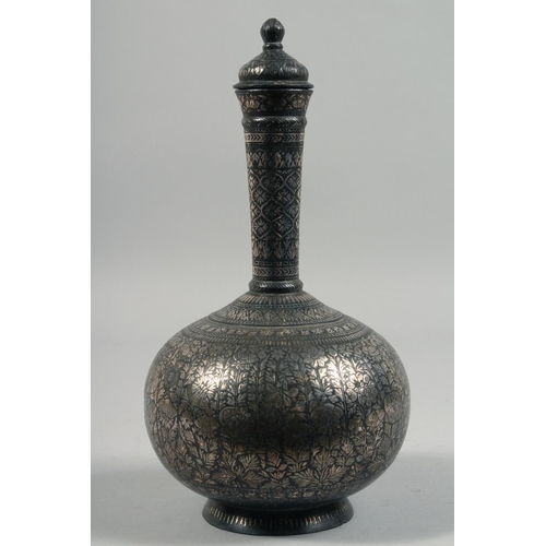 A FINE 19TH CENTURY INDIAN BIDRI SILVER INLAID LIDDED SURAHI BOTTLE ...
