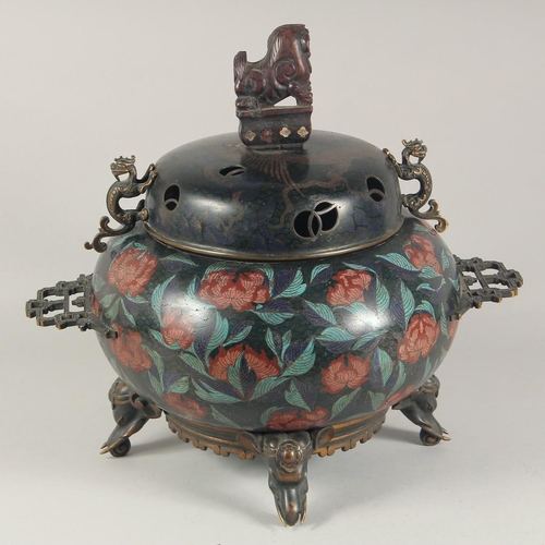 A VERY LARGE CHINESE CLOISONNE CENSER AND COVER, the censer decorated ...