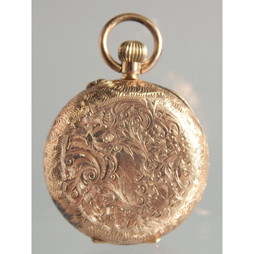 A LADIES ENGRAVED GOLD FOB WATCH.