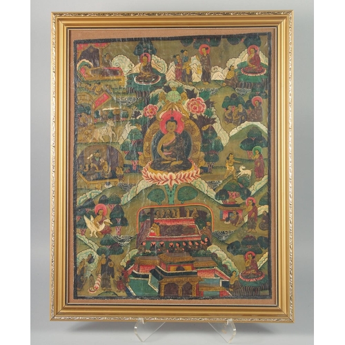 A FRAMED TIBETAN THANGKA PAINTING, with central buddha and various ...