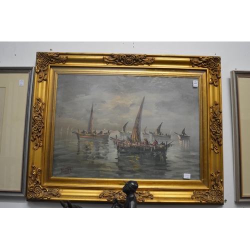 E Bott, fishing boats in a harbour, oil on canvas in a decorative gilt ...