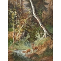 Robert Erbe, Two deer crossing a forest stream, watercolour and gouache ...
