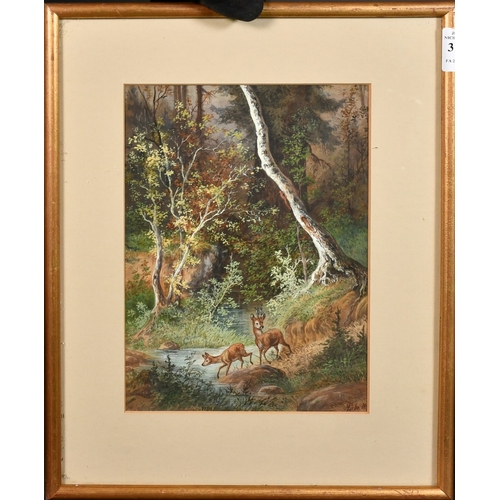 Robert Erbe, Two deer crossing a forest stream, watercolour and gouache ...