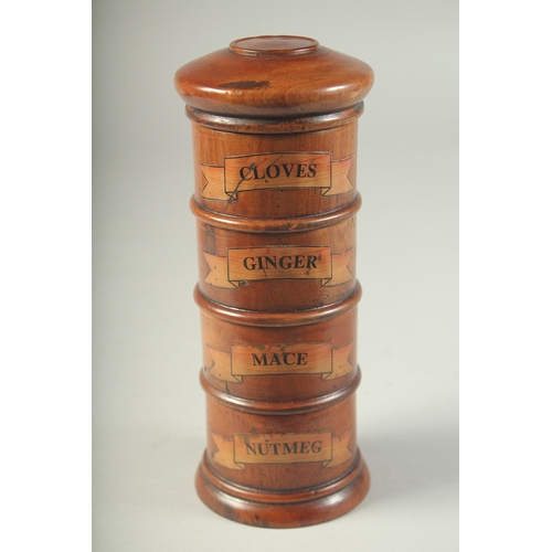 A FOUR DIVISION SPICE TOWER. Cloves, Ginger, Mace, Nutmeg. 7.5ins high.