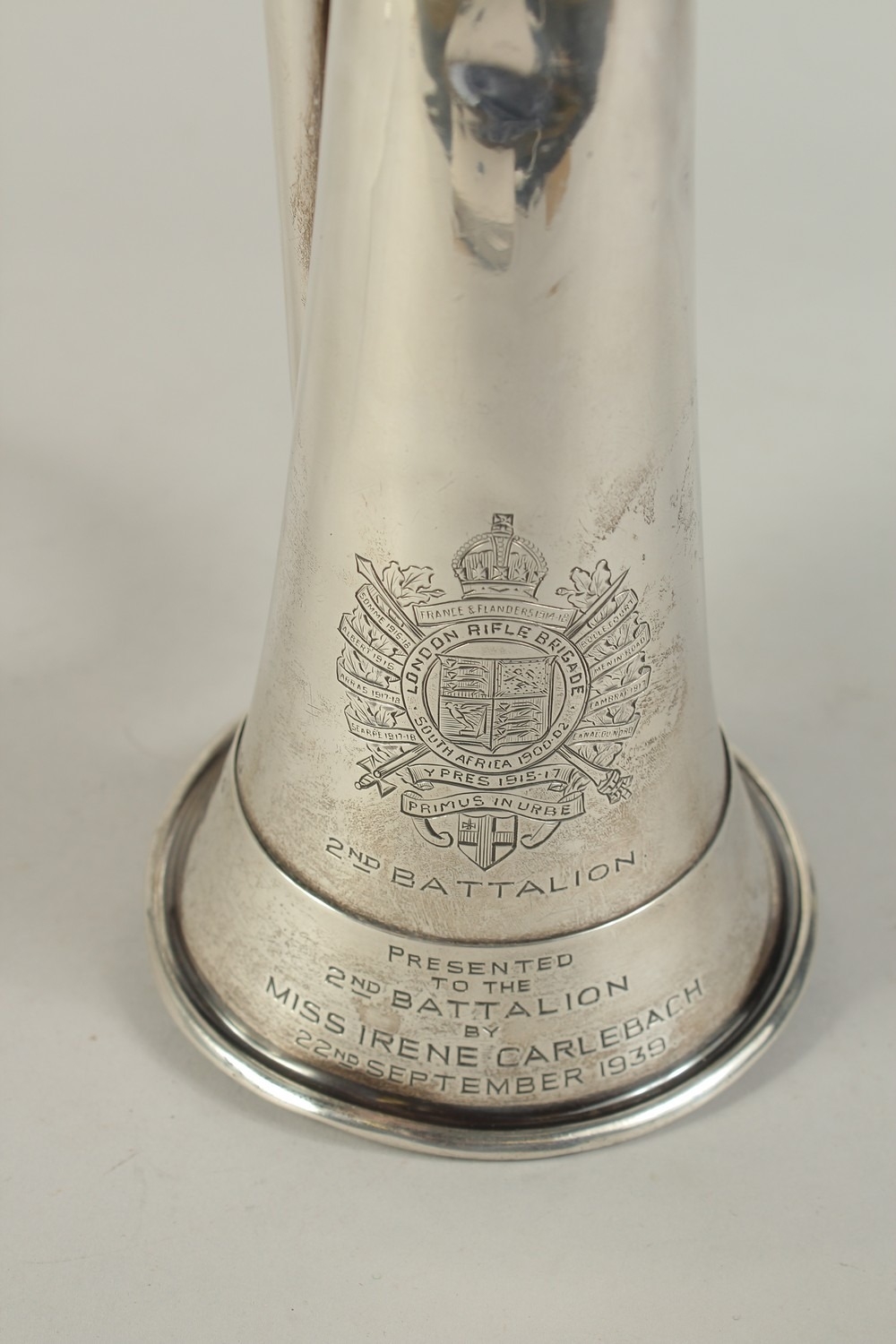 A LONDON RIFLE BRIGADE 2ND BATTALION SILVER BUGLE. 11ins long, London ...