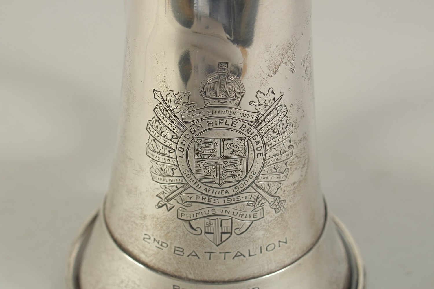 A LONDON RIFLE BRIGADE 2ND BATTALION SILVER BUGLE. 11ins long, London ...