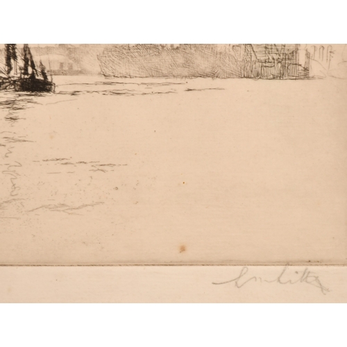 Sidney McKenzie Litten, shipping on a broad river, etching, signed in ...
