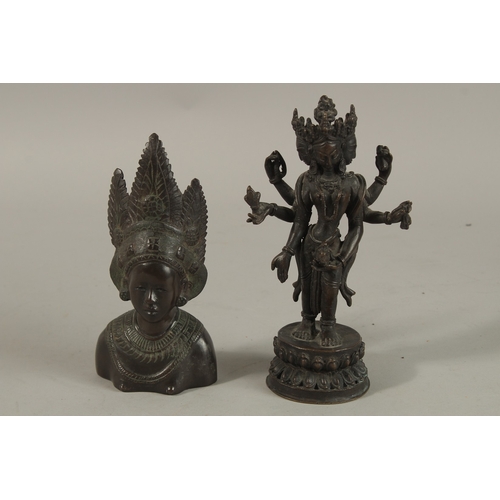 A BRONZE FIGURE OF A MULTI-ARMED DEITY, together with a bronze bust, (2).