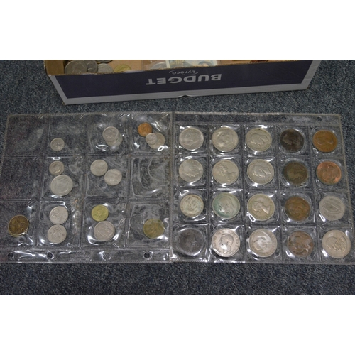 Various coins and bank notes.