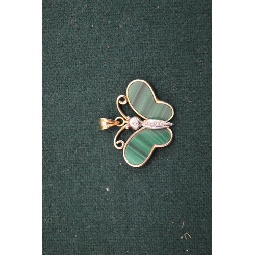 A 14ct gold diamond and malecite butterfly pendant.