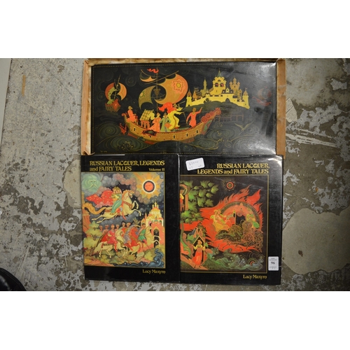 Books of Russian lacquer boxes together with a Russian lacquer panel.