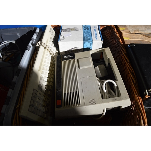 Portable record players, a projector and other items.