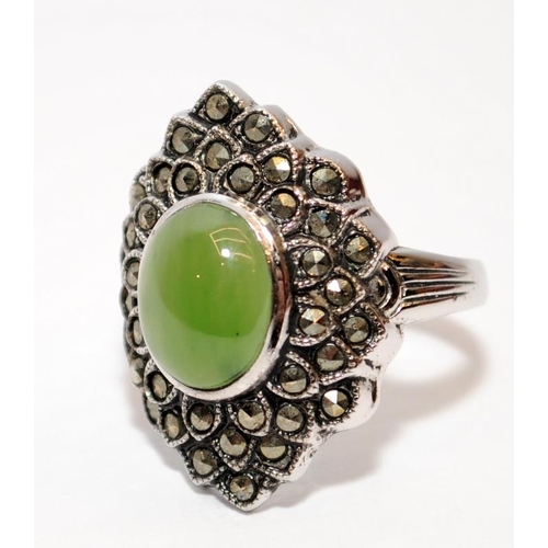 A Art Deco jade silver marcasite ring size P