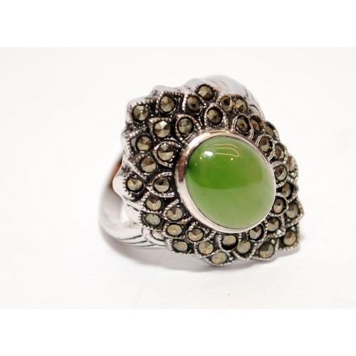 A Art Deco jade silver marcasite ring size P