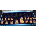 Vintage intricately carved Rajasthani chess set, complete and cased