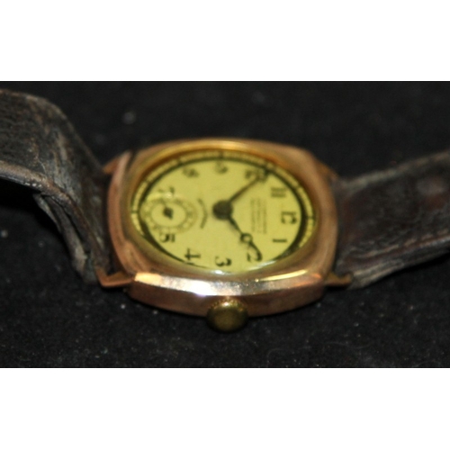Antique 9ct gold cushion case trench watch with sub seconds dial at 6 o ...