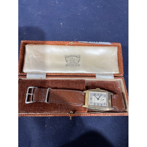 BRAVINGTONS LEATHER STRAP 9CT GOLD WATCH