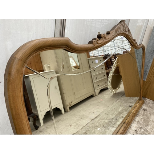 A 19TH CENTURY BEECH FRAMED OVERMANTEL MIRROR WITH CARVED FOLIATE TOP ...