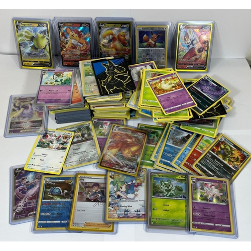 A LARGE COLLECTION OF APPROXIMATELY 500 POKEMON CARDS, V CARDS, HOLOS ETC