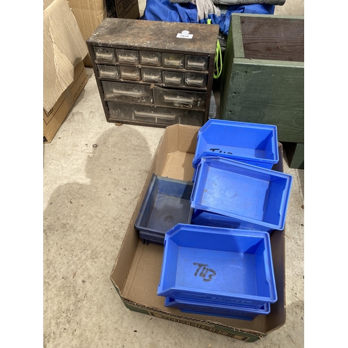 A COLLECTION OF BLUE PLASTIC BOXES AND SMALL TOOL CHEST AND CONTENTS