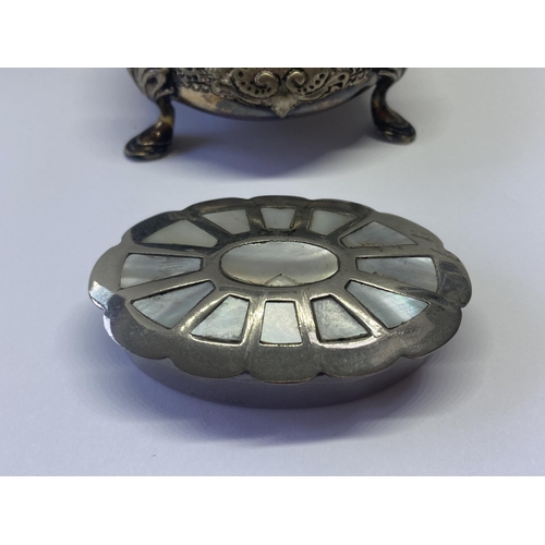 A SILVER THREE LEGGED POT AND PILL POT
