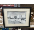 A LOWRY STYLE FRAMED OIL ON BOARD OF A FACTORY SCENE