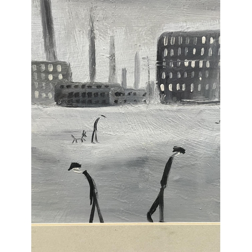 A LOWRY STYLE FRAMED OIL ON BOARD OF A FACTORY SCENE