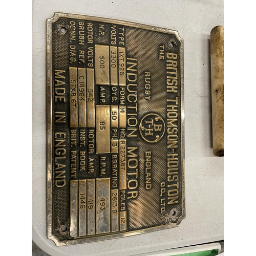 A VINTAGE CAST BRASS BRITISH THOMSON HOUSTON INDUCTION MOTOR DATA PLATE ...