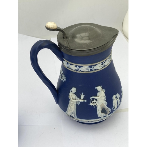 TWO JASPERWARE CLASSICAL JUGS TO INCLUDE A WEDGWOOD BLUE JASPER DIP JUG ...