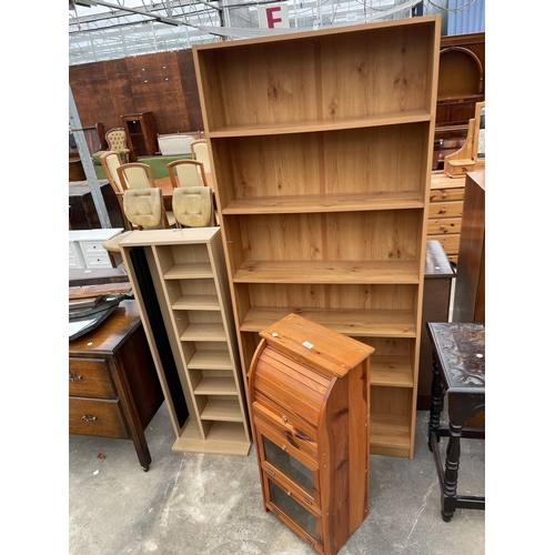 A PINE EFFECT SIZ TIER OPEN BOOKCASE, C.D RACK AND SMALL PINE UNIT WITH ...