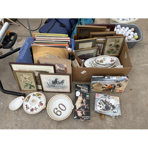 AN ASSORTMENT OF ITEMS TO INCLUDE LP RECORDS, LEGO KITS AND PRINTS ETC