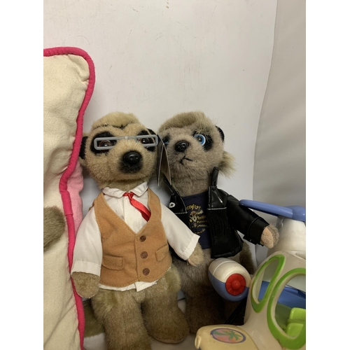 A MIXED LOT OF TOYS TO INCLUDE MEERKATS, FIREMAN SAM HELMET, JIGSAW, ETC.,