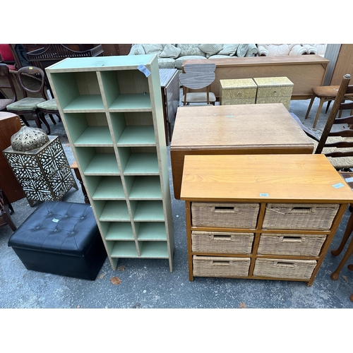 A MODERN BATHROOM CHEST WITH SIX WICKER DRAWERS, OPEN FOURTEEN SECTION ...