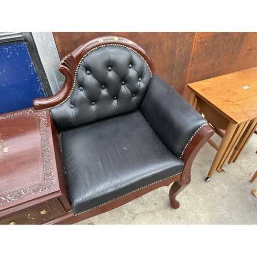 A BRASS INLAID INDIAN HARDWOOD AND BUTTONED LEATHER SCROLL END ...