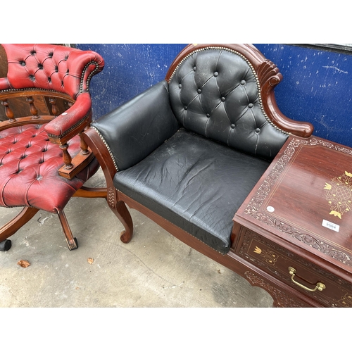 A BRASS INLAID INDIAN HARDWOOD AND BUTTONED LEATHER SCROLL END ...
