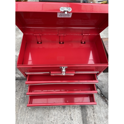 A RED METAL WORKSHOP TOOL BOX WITH SIX DRAWERS AND A TOP STORAGE ...