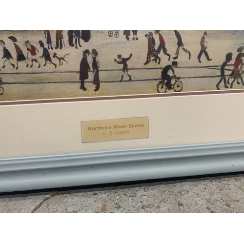 A LARGE LOWRY PRINT, 'NORTHERN RIVER SCENE', FRAMED, 83CM X 63CM