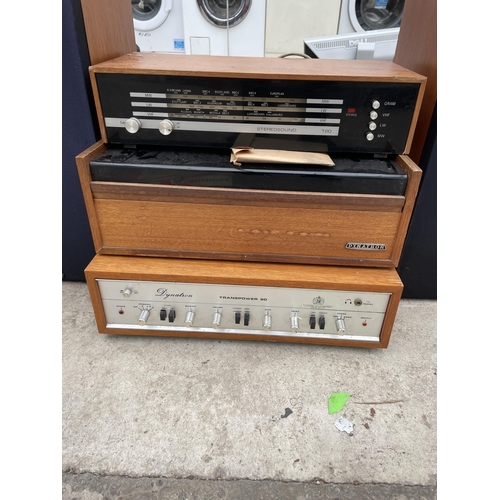 A RETRO TEAK DYNATRON STEREO SYSTEM WITH A PAIR OF WHARFEDALE SPEAKERS