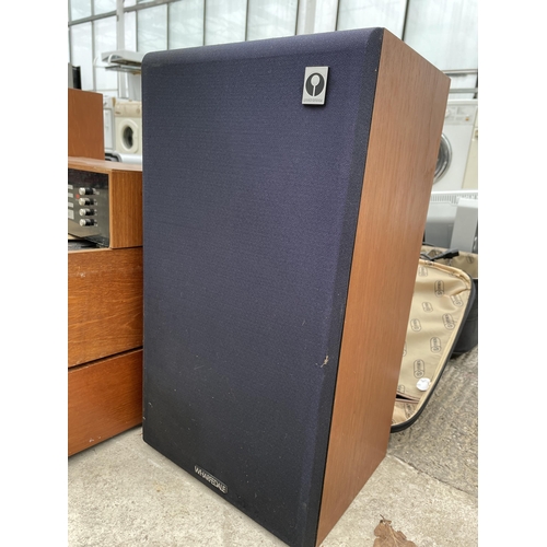 A RETRO TEAK DYNATRON STEREO SYSTEM WITH A PAIR OF WHARFEDALE SPEAKERS