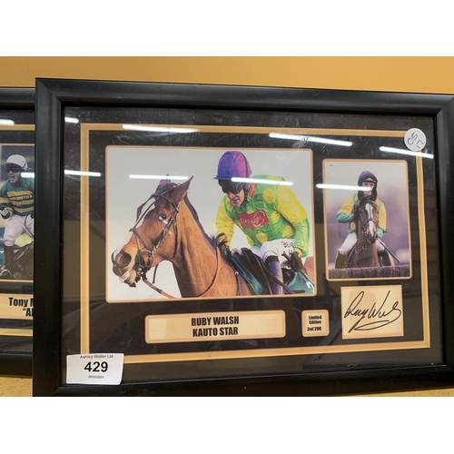THREE AUTOGRAPHED FRAMED MONTAGES OF LESTER PIGGOTT, RUBY WALSH AND ...