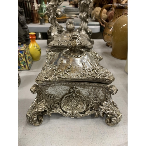 A PAIR OF MODERN, ROCOCO STYLE CANDLESTICKS PLUS TWO LIDDED BOXES