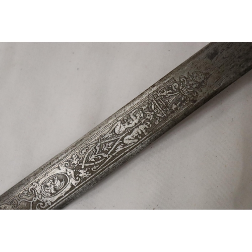 A VINTAGE SWORD WITH A BASKET HILT AND ENGRAVING TO THE TOP OF THE BLADE
