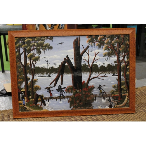 AN AFRICAN OIL ON CANVAS NATIVE SCENE, FRAMED, 72CM X 52CM